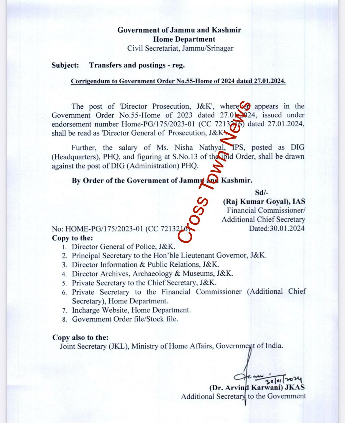 J&K Govt issues corrigendum to transfers and postings Order of Police ...
