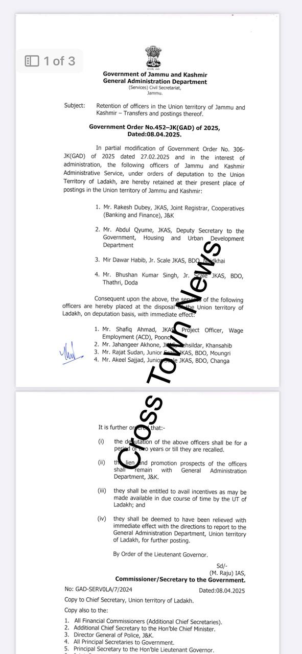 LG J&K order retention of 4 JKAS Officers , orders deputation of 4 JKAS ...