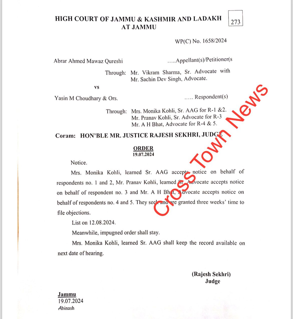 High Court stays order of DC Poonch revoking PSP certificate of Civil Judge