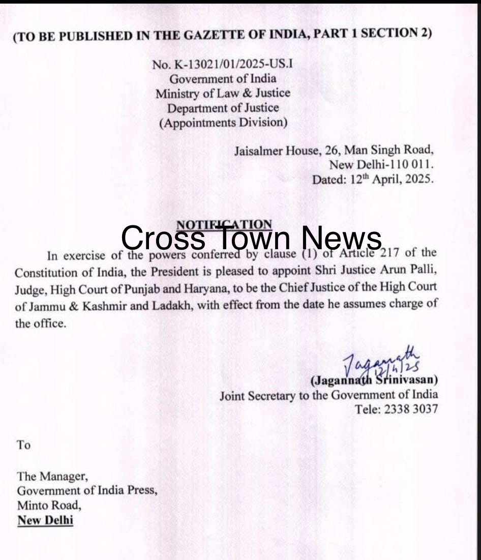 Centre notifies appointment of Justice Arun Palli as Chief Justice of J&K And Ladakh High Court