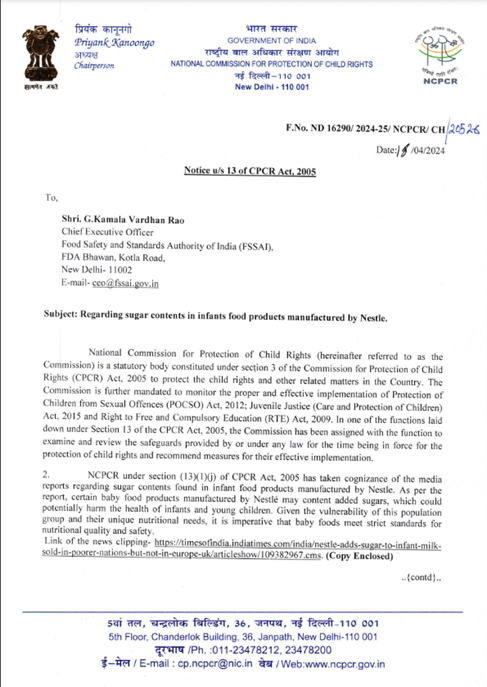 National Commission for the Protection of Child Rights writes to the ...