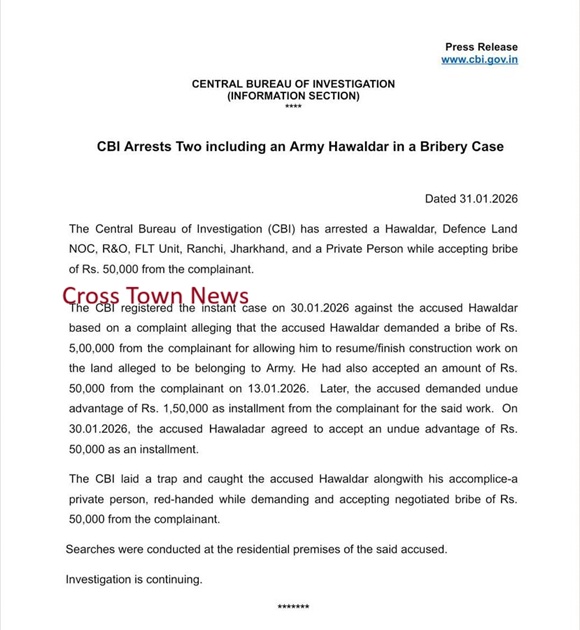 CBI arrests 02 including an Army Hawaldar in a Bribery Case