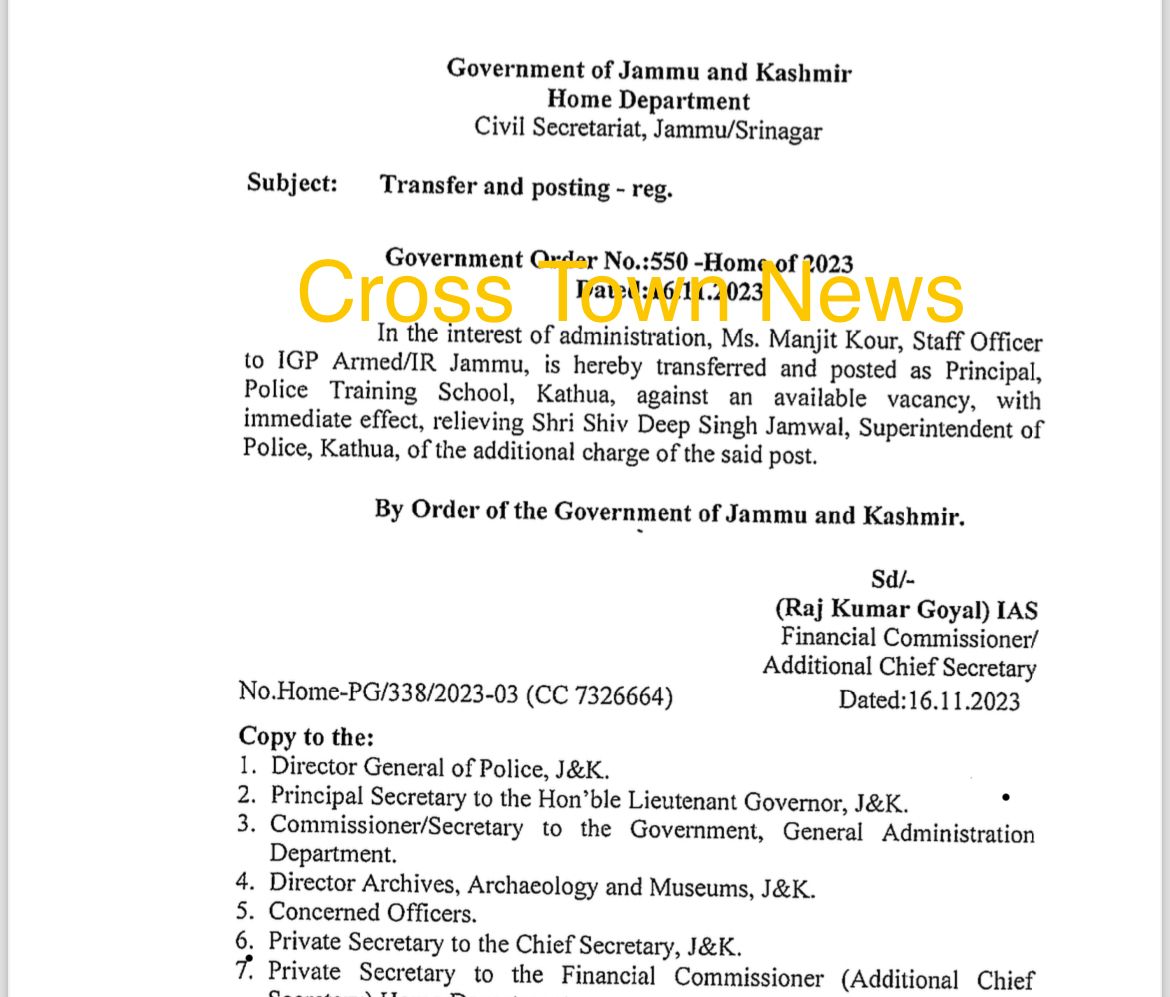 J&K Govt orders transfer and posting of SSP rank Police Officer
