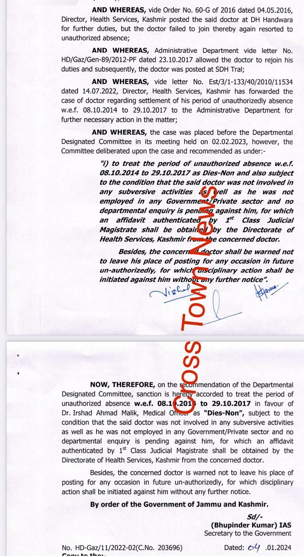J&K: Treating Unauthorized Absence of Doctor as Dies-Non, subject to ...