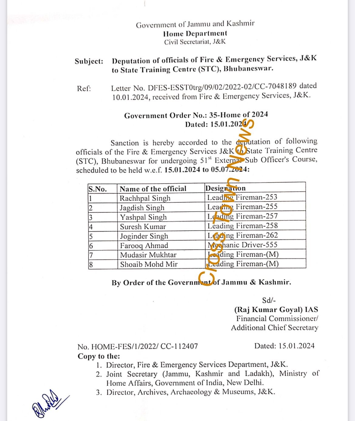 Deputation of Fire & Emergency Services , J&K Officials to STC Bhubaneshwar