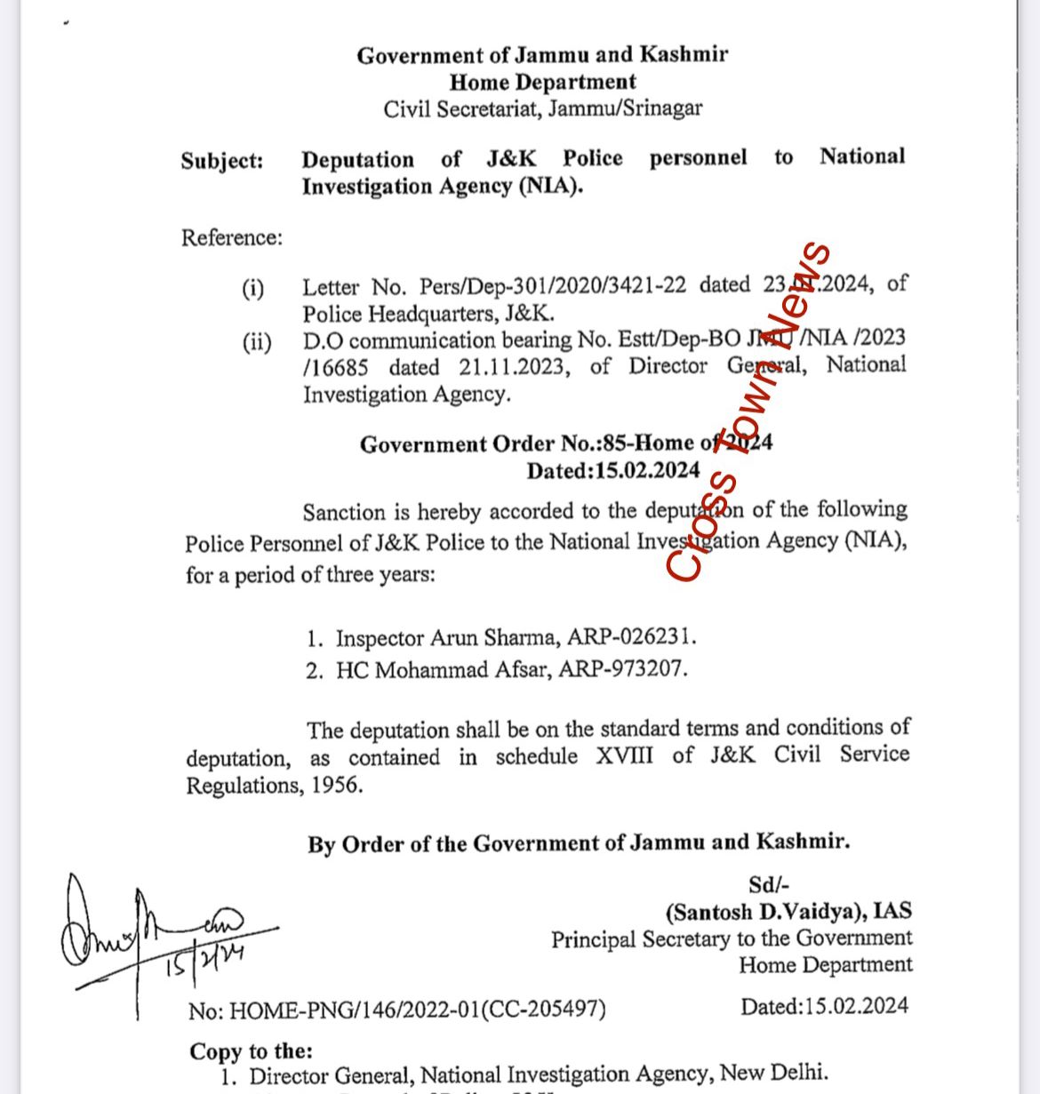 Deputation of J&K Police Personnel to NIA