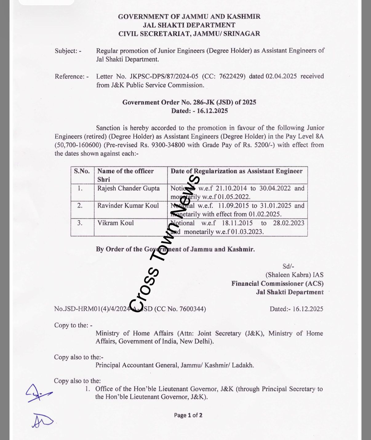 J&K Govt promotes retired JEs as Assistant Engineers