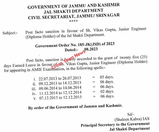 J&K Govt accord post facto sanction of 25 days leave but wef 2013