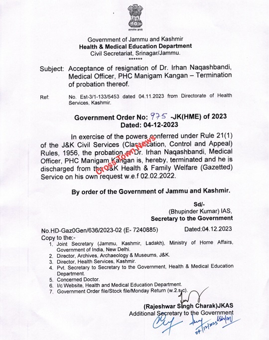 J&K Govt orders for "Termination of Probation" of services of a Medical ...