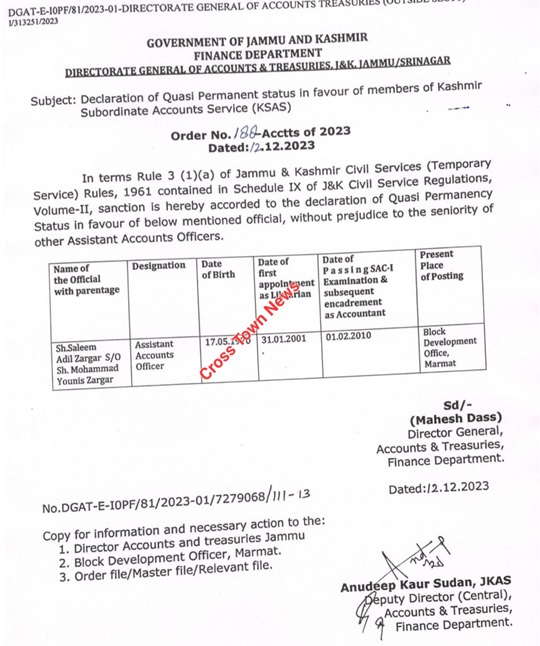 J&K Govt orders for "Quasi Permanent" status in favour of members of J ...