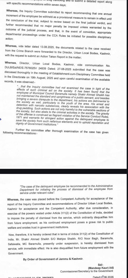 J&K Govt dismisses Employee for involvement in FIR under NDPS Act