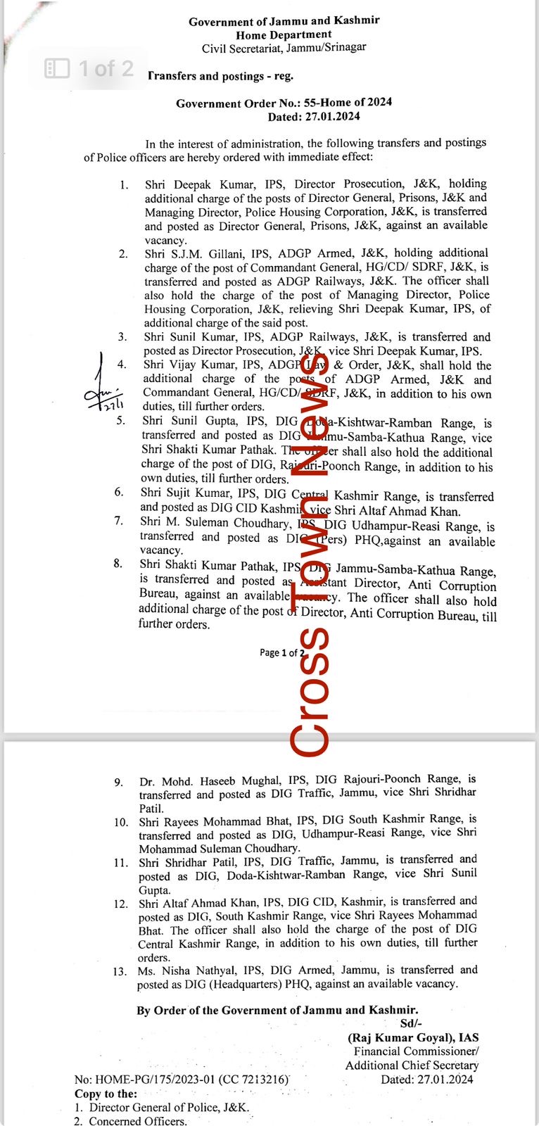 J&K Govt orders transfers and postings of 13 ADGP , DIG rank Police ...