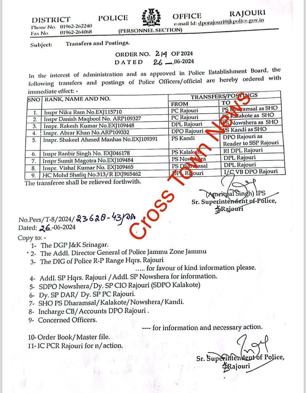 J&K : SSP orders transfers and postings of 4 SHOs and others