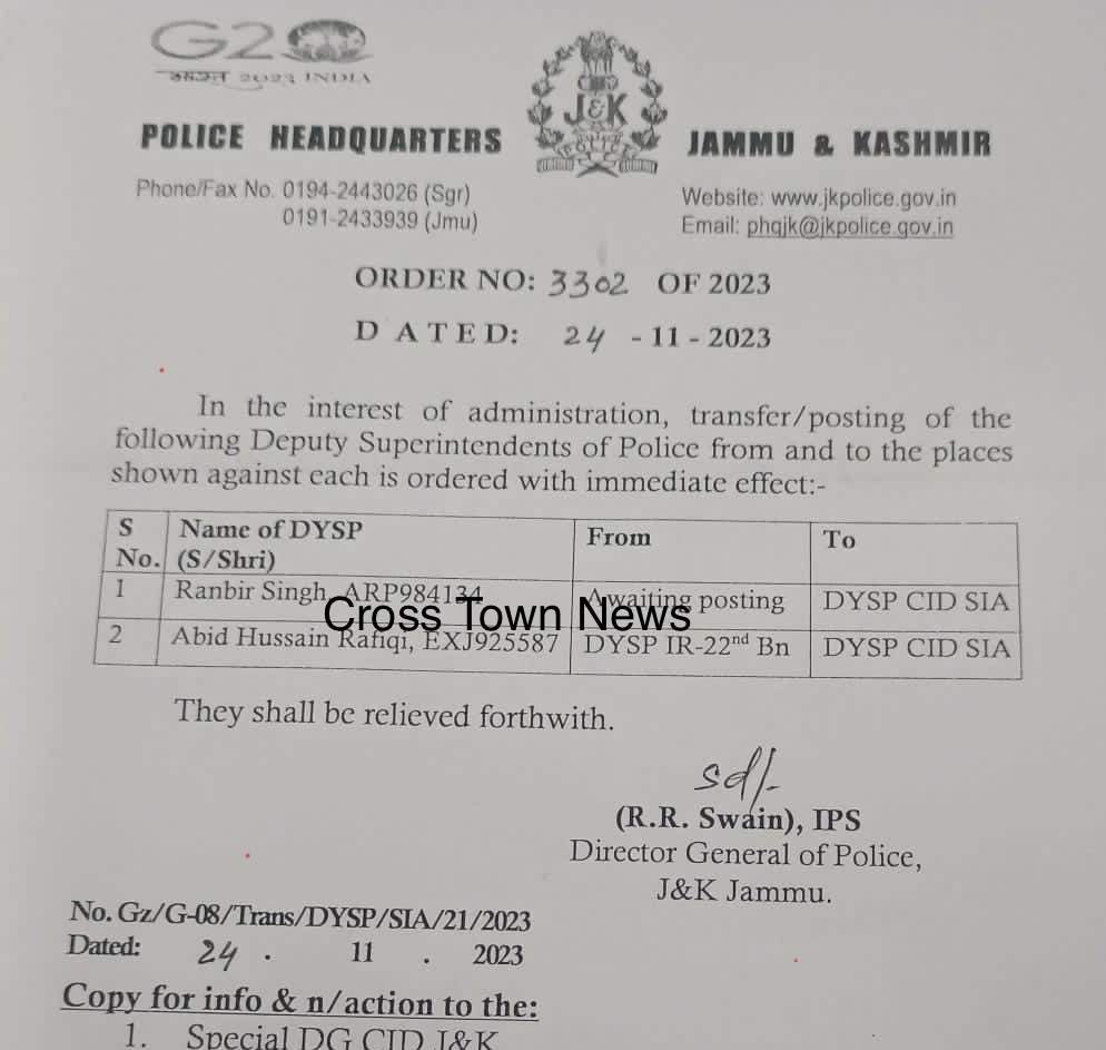 DGP J&K orders transfers and postings of DySPs