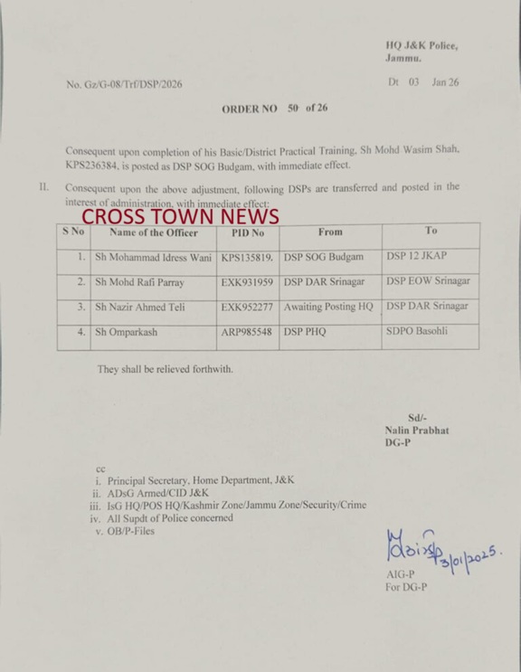 DGP orders transfer/postings of DySP