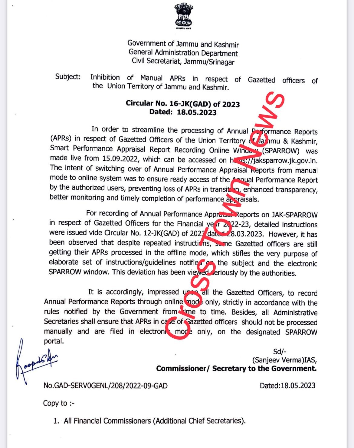 J&K GAD issues Circular over inhibition of Manual APRs in respect of ...