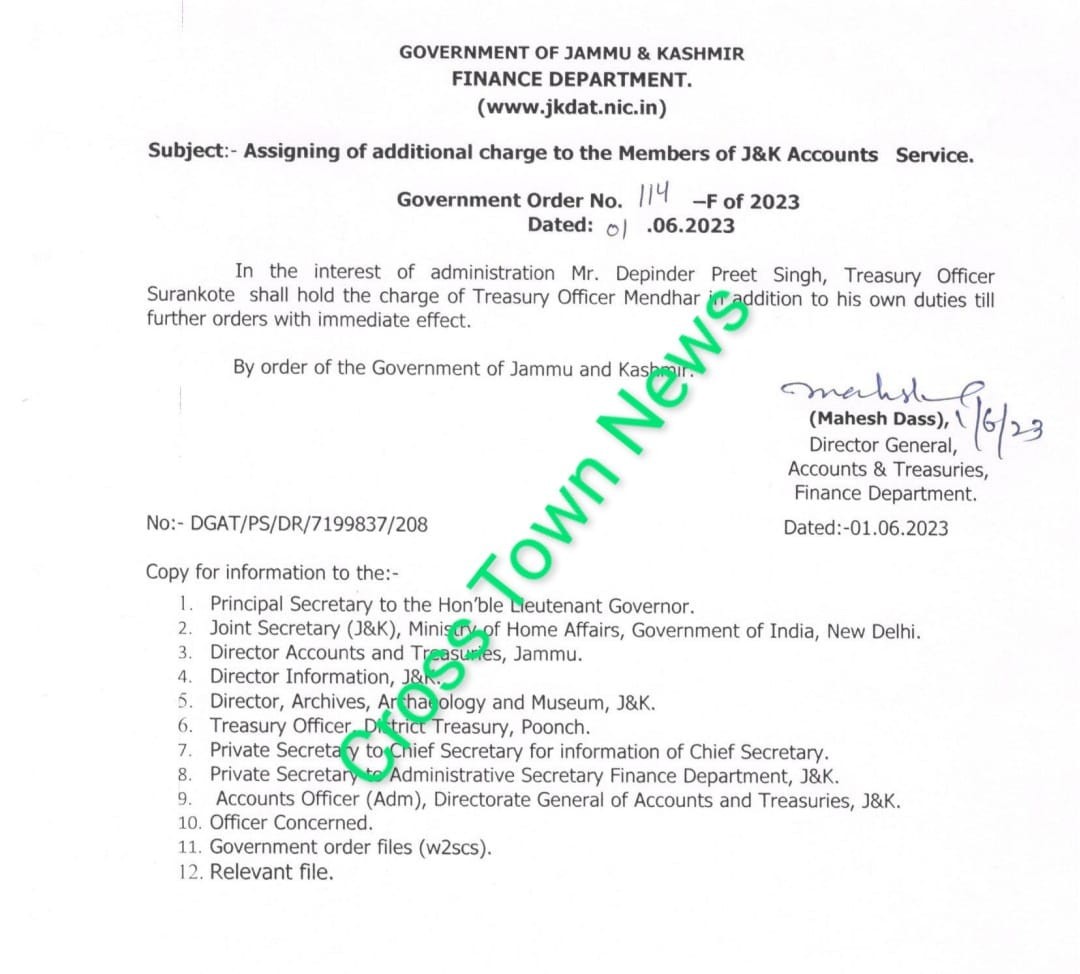 J&K Govt assigns additional charge to Treasury Officer - Cross Town ...