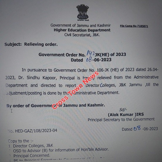 J&K Govt issues relieving order of a Principal - Cross Town News, a ...