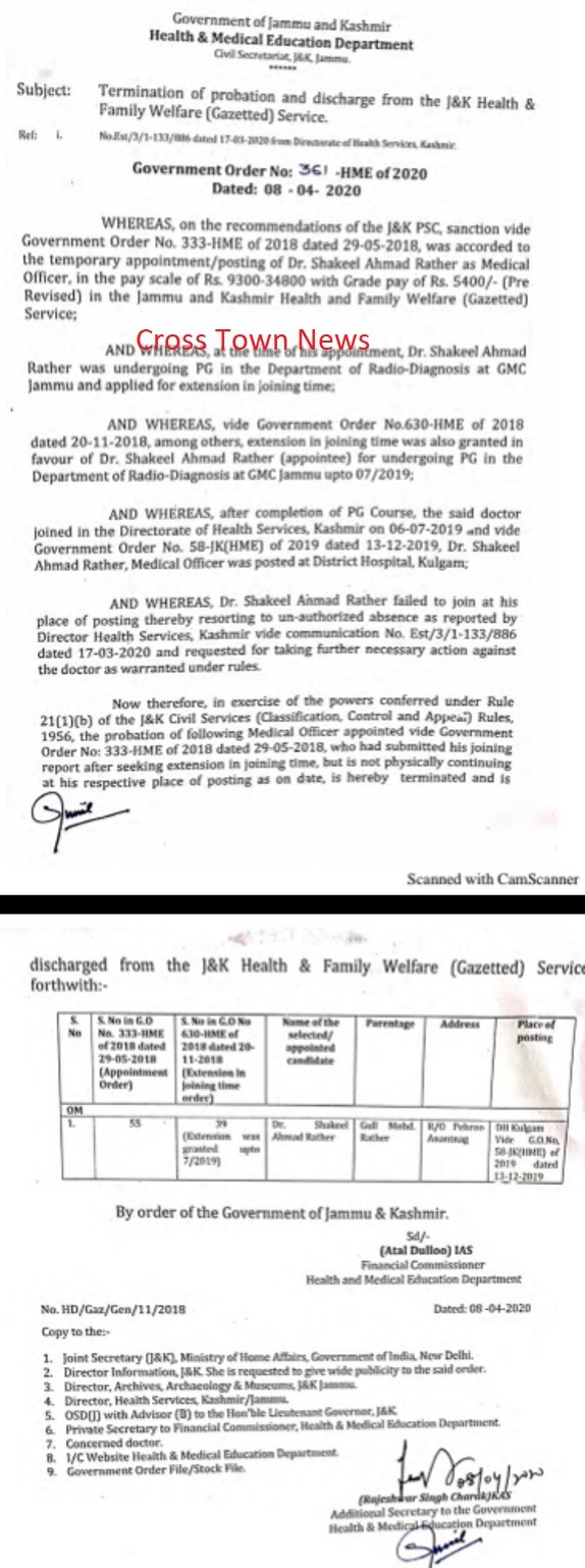 Termination of services of Doctor for regular absence