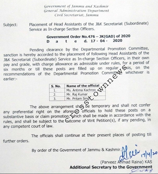 Placement of Head Assistant as Section Officers
