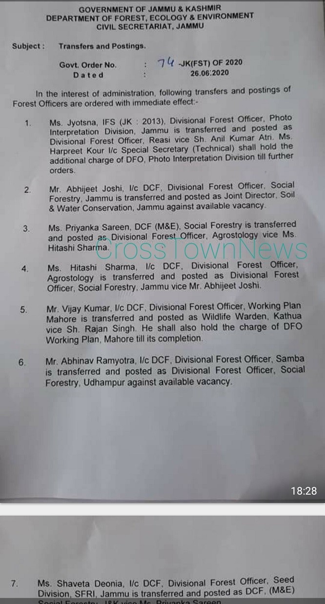 J&K Govt orders transfers and postings of ACF/DFO Rank Officers