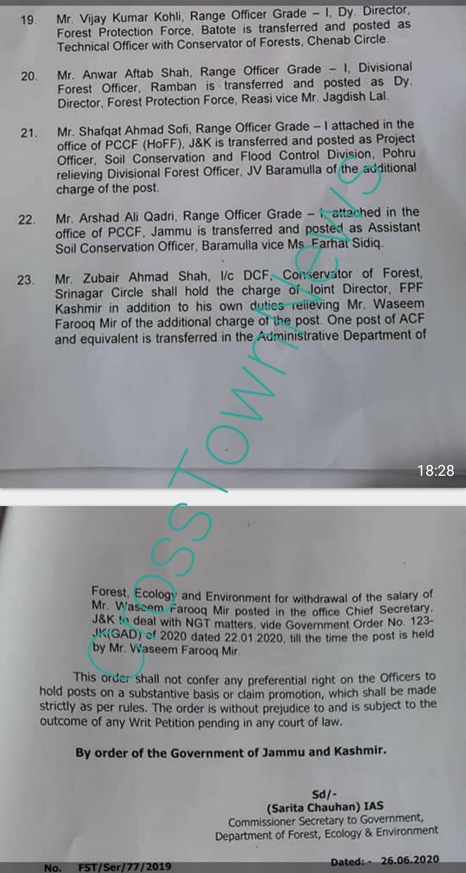 J&K Govt orders transfers and postings of ACF/DFO Rank Officers