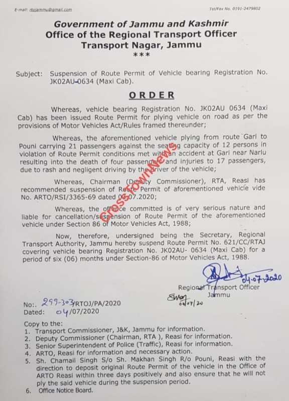 RTO suspends Route Permit of vehicle for over loading