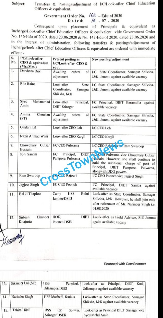 J&K Govt orders Transfers and postings of Chief Education Officers