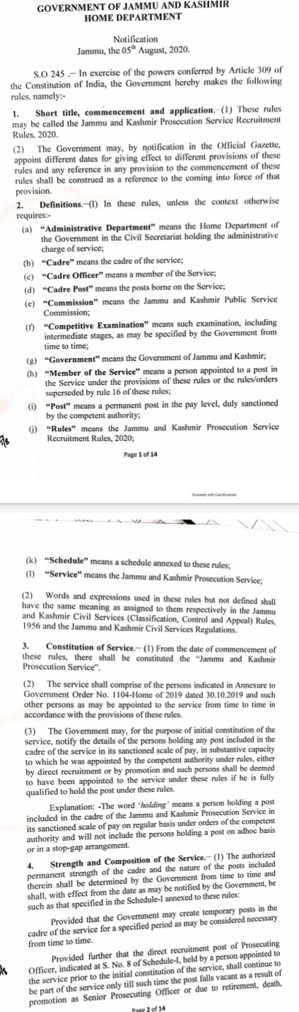 Govt issue J&K Prosecution Service Recruitment Rules, 2020