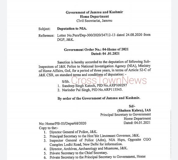 Deputation of J&K Police Inspectors to NIA