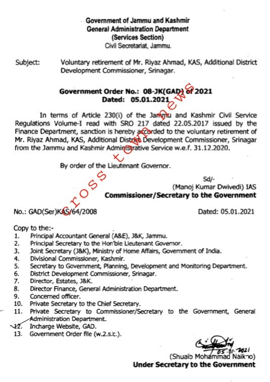 J&K Govt approves Voluntary retirement of a Senior KAS Officer