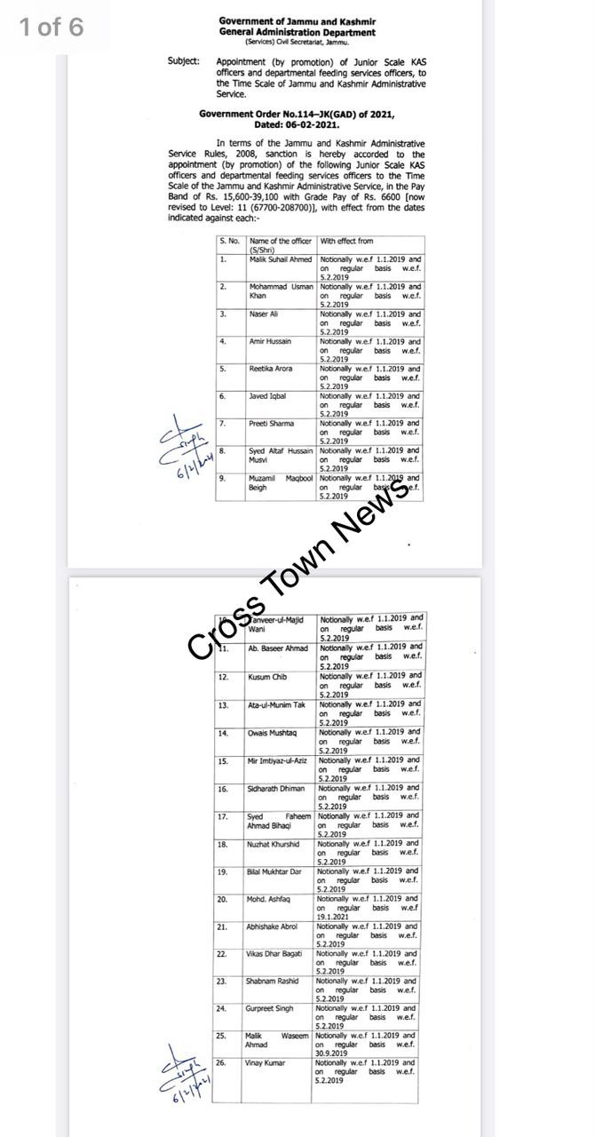 Appointment by promotion of Junior Scale JKAS officers and departmental ...