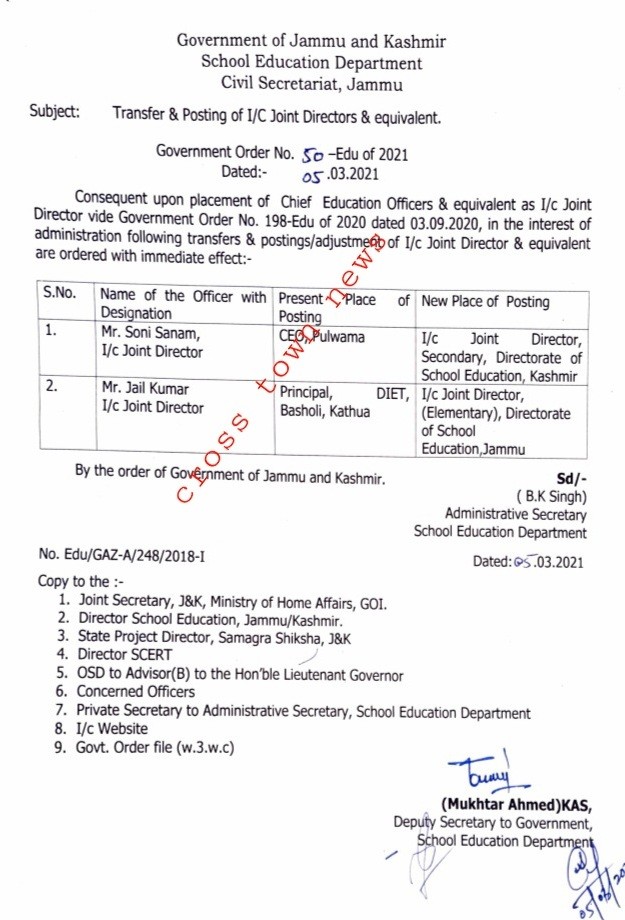 Transfer/ Posting of Joint Directors