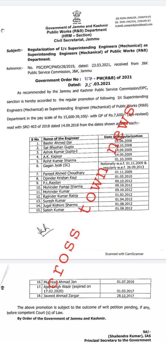 Regularization of 18 Superintending Engineers in J&K