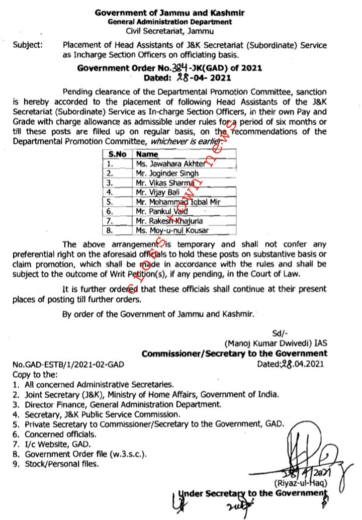 Placement as I/C Section officers