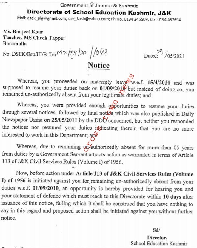 A teacher absent from duties since years: J&K Govt issue final show ...