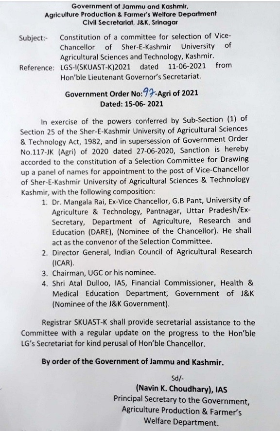 Constitution of Committee for selection of Vice Chancellor of SKUAST