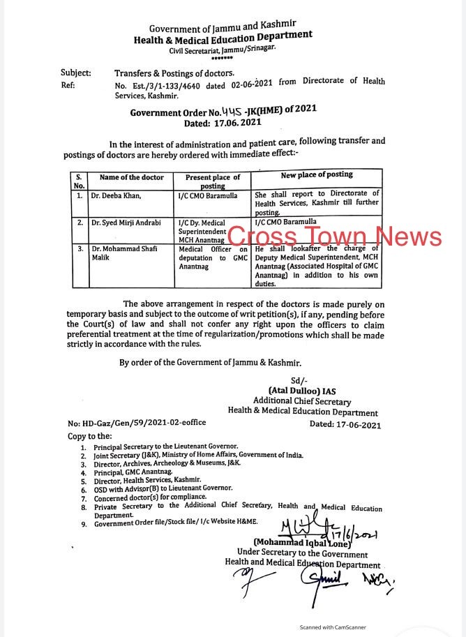 J&K Govt order transfers and postings of Doctors
