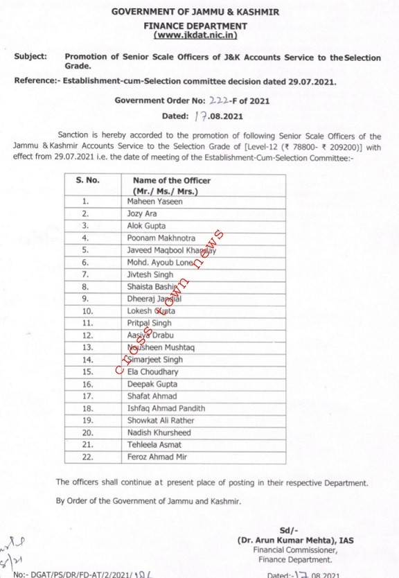 Promotion Of Senior Scale Officers Of JKAS To Selection Scale Cross Promotion Of Senior Scale Officers Of JKAS To Selection Scale Cross