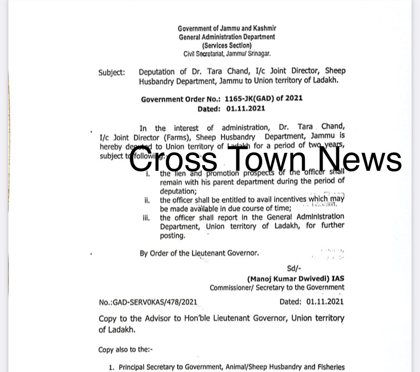 Deputation of Joint Director rank Officer to Ladakh