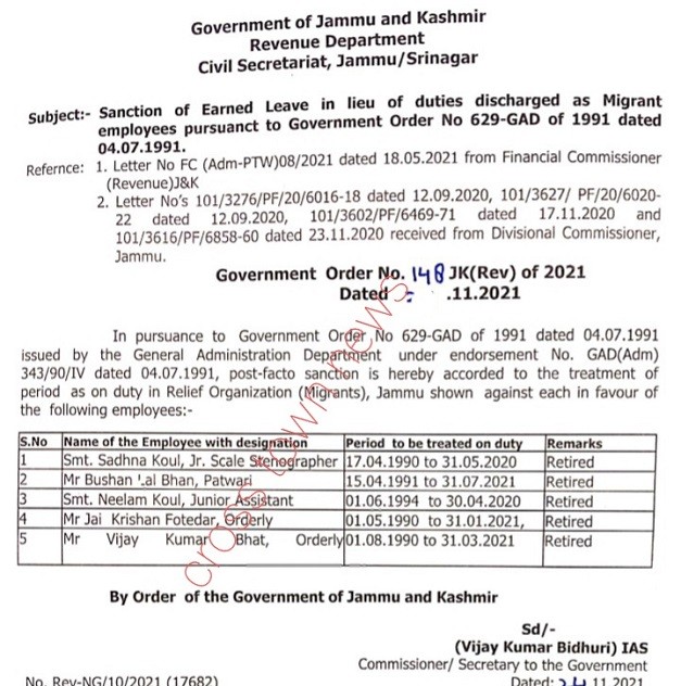 J&K Govt sanctions Earned Leaves of Govt employees in lieu of duties ...