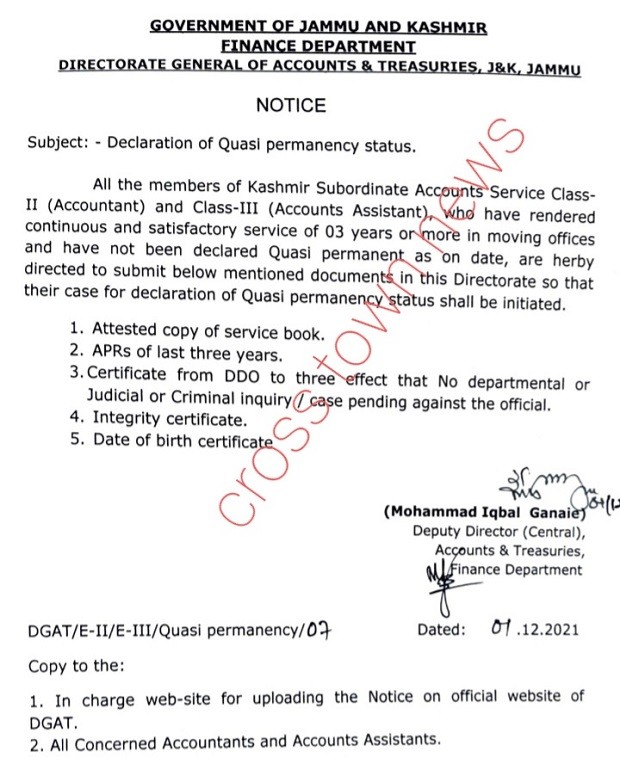J&K Govt issues instructions for declaration of Quasi permanency status