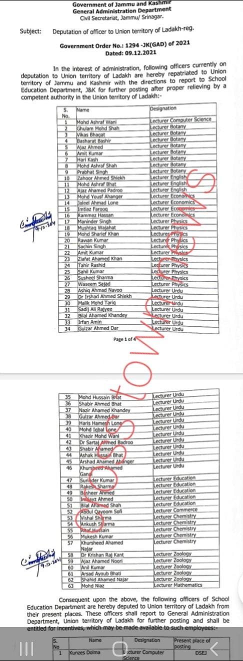 Deputation of Employees to Ladakh : 63 recalled & 63 deputed