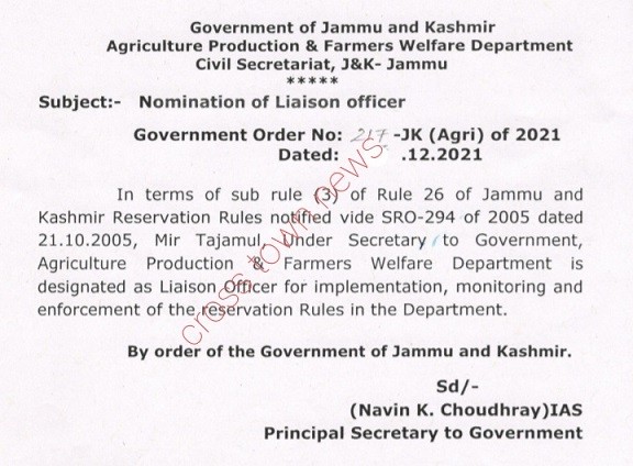 Jandk Nomination Of Liaison Officer For Implementation Of Reservation Rules