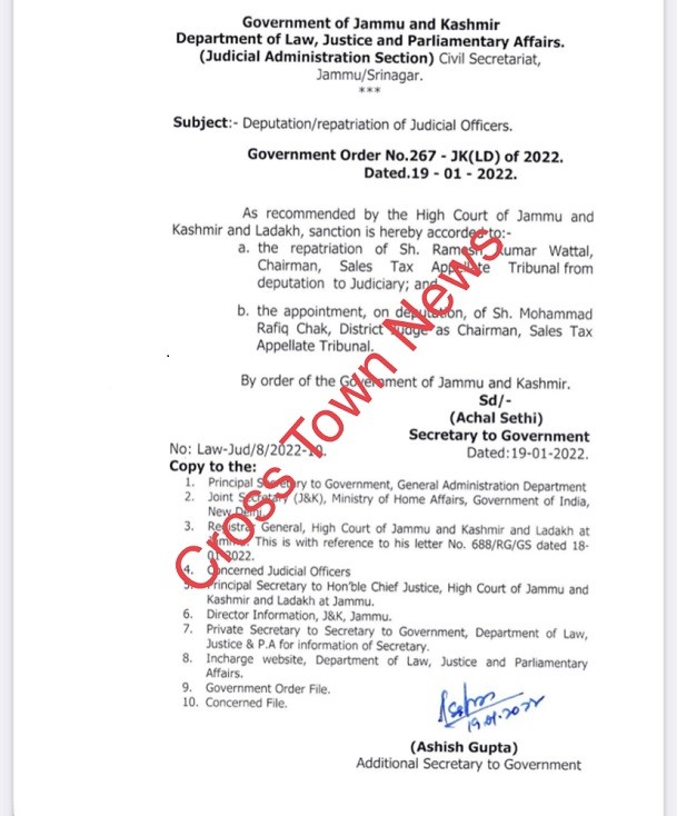 J&K Govt orders deputation/repatriation of Judicial Officers