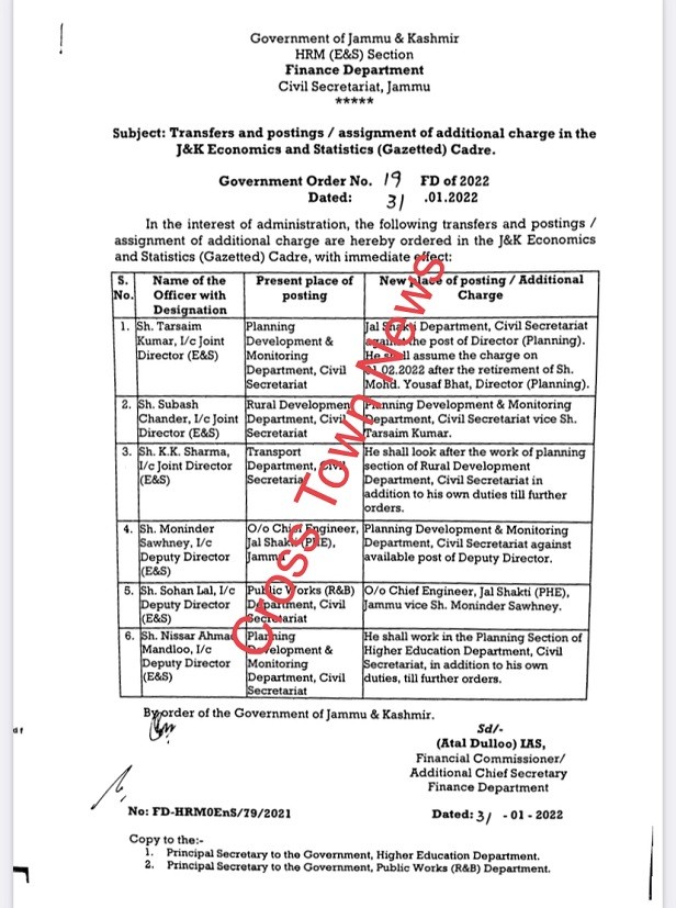 J&K Govt orders shifting of Joint Director, Deputy Director rank Officers