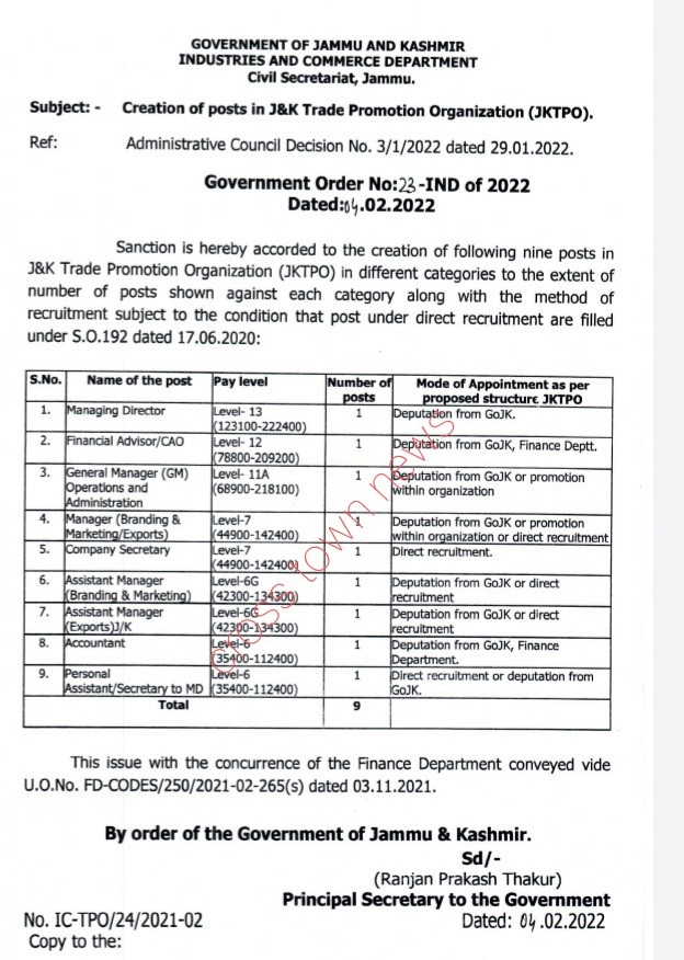 J&K Govt orders for creation of posts in JKTPO