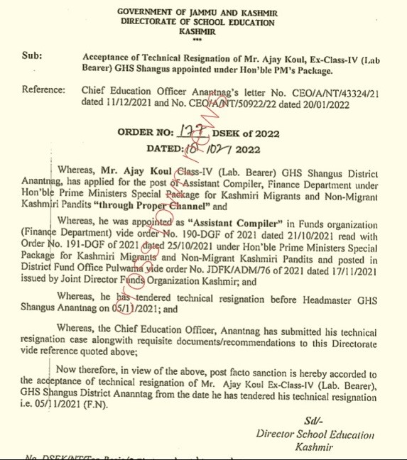 J&K: Acceptance of Technical Resignation of a Govt employee