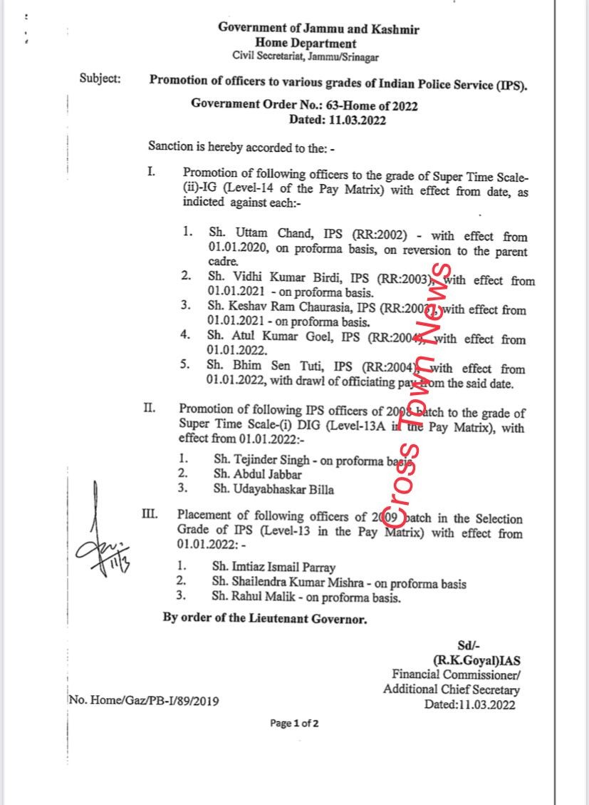 J&K Govt orders promotion of 11 IPS Officers