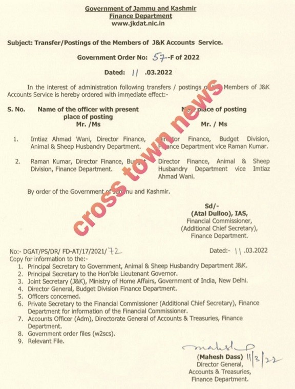 Transfer & posting of Directors